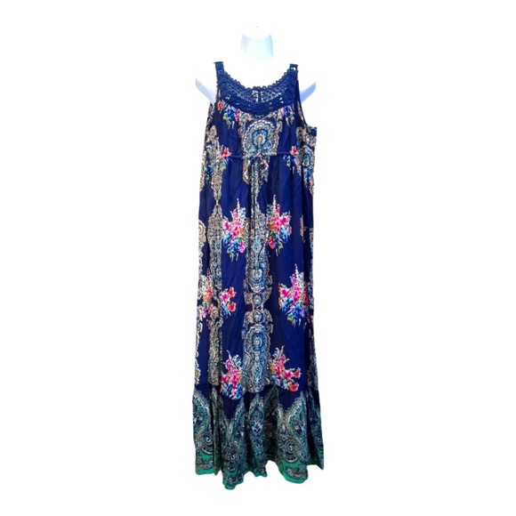 Bila | Dresses | Bila Maxi Dress Boho Print Blue Teal Crochet Short ...